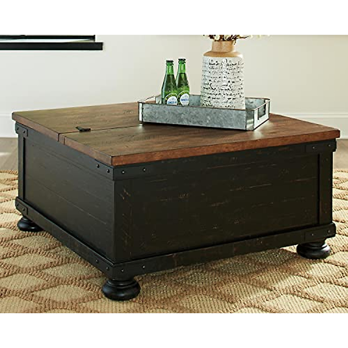 Signature Design by Ashley Valebeck Farmhouse Lift Top Coffee Table with Storage, Distressed Brown & Black Finish, 36 in x 36 in x 18 in