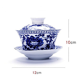 MULHUE Lotus Design Chinese Porcelain Teacups Gaiwan Flower Tureen Tradition Sancai Cover Bowl Lip Cup Saucer Tea Set Loose tea Blooming(320ml)