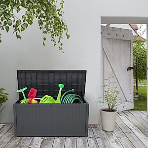 VINGLI Upgraded 113 Gallon Outdoor Storage Box, Lockable Plastic Storage Containers with Lid, Wooden Grain Surface Deck Box Patio Furniture for Garden, Pool, Balcony, Yard (Grey)