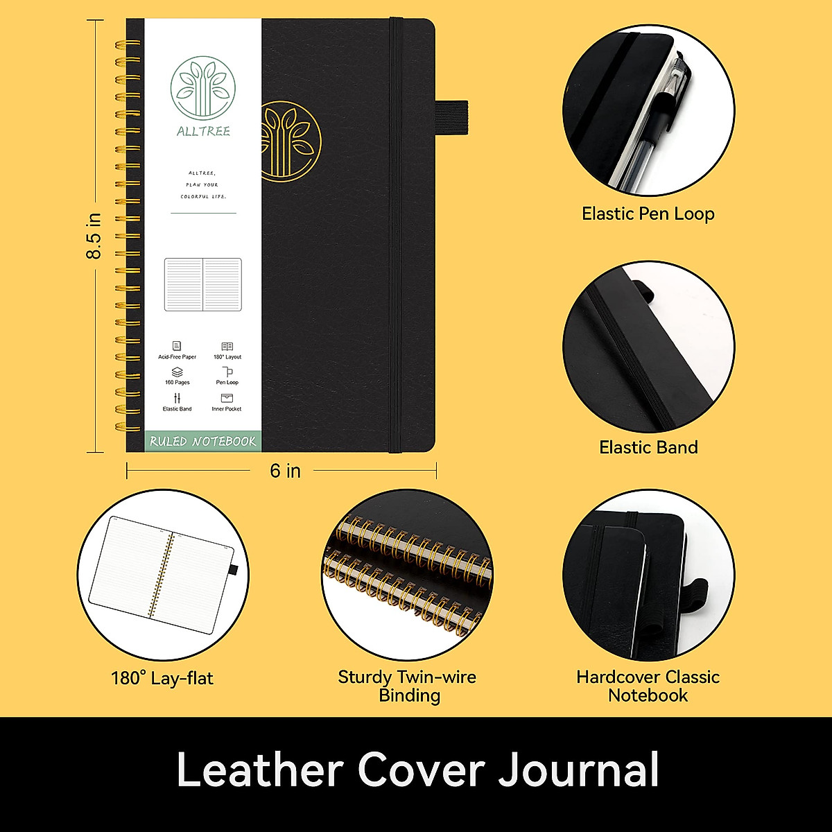 Alltree Lined Journal Notebook, Spiral Notebook for Work, Leather Hardcover Spiral Notebook with Tabs, Pen Loop, Pocket, Stickers, 160 Pages, Journal for Women & Men, Black(6"x8.5")