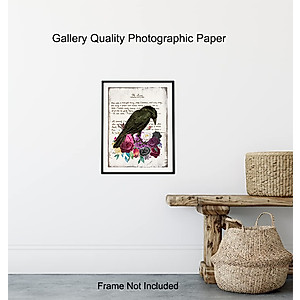 The Raven Edgar Allan Poe Decor - Gift for Medieval, Gothic, Wicca, Wiccan, Witchcraft, Occult Fan, Women - Goth Wall Art - Creepy Poster for Bedroom, Living Room - Crow, Roses, Flowers Picture