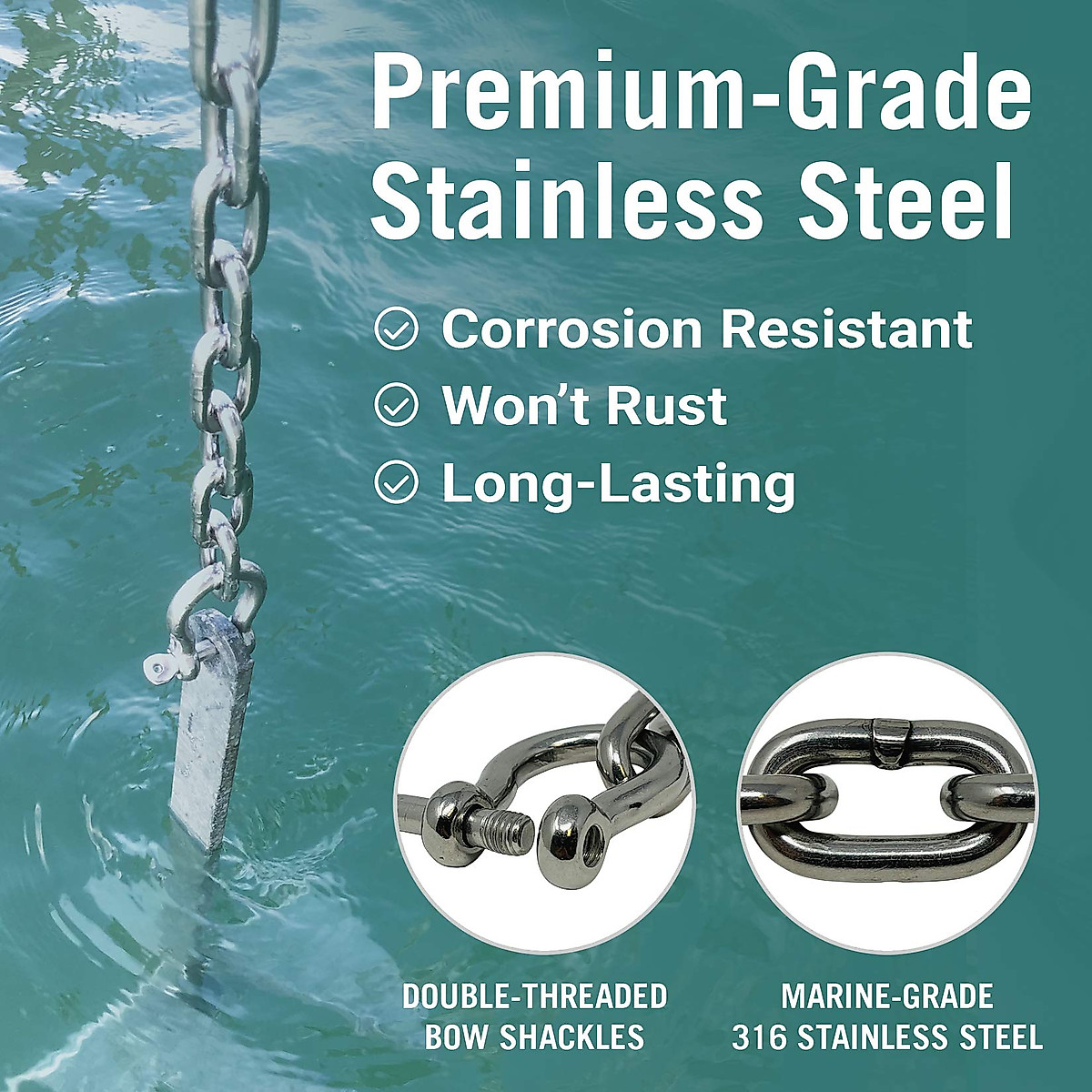 Stainless Steel Anchor Chain, Boat Anchor Chain, Anchor Chains for Boats, Stainless Anchor Chain, Double Boat Anchor Shackle Link Ends Marine Grade Boat Accessories 4 Ft Chain 1/4" Width