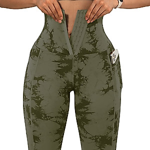 MOOSLOVER Women Corset High Waisted Leggings with Pockets Tummy Control Body Shaper Yoga Pants(S,#1 Army Green Tie-dye)