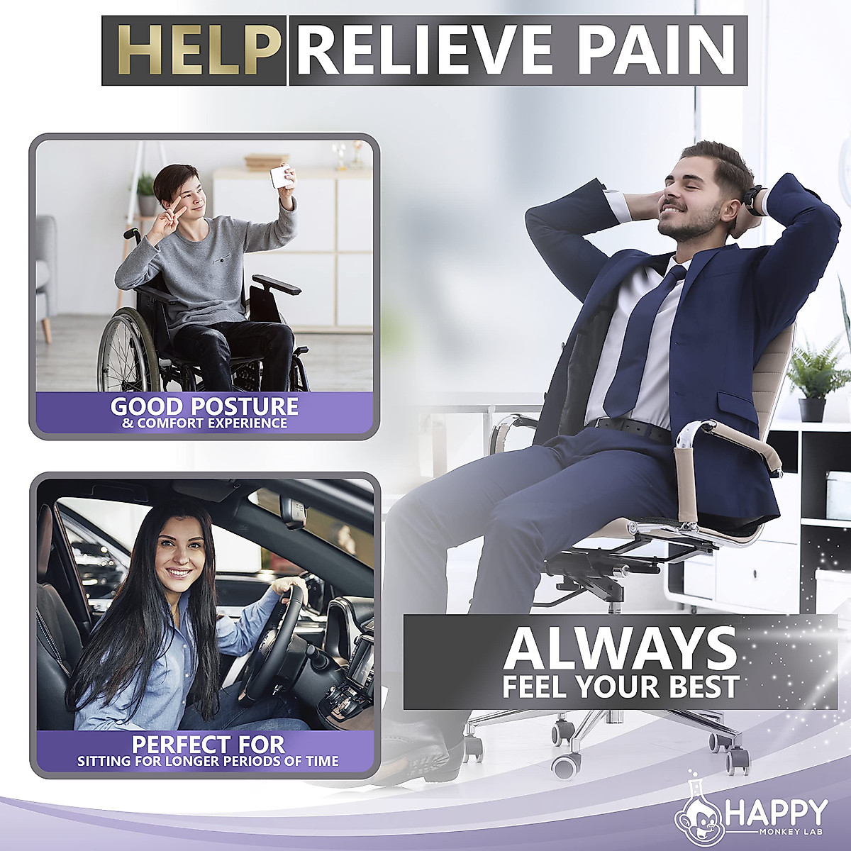 Purple Seat Cushion for Office Chair, Car, Desk, Wheelchair - Ultimate Purple Gel Seat Cushion for Butt - Desk Chair Cushion for Long Sitting - Seat Cushion for Tailbone Pain Relief and Sciatica