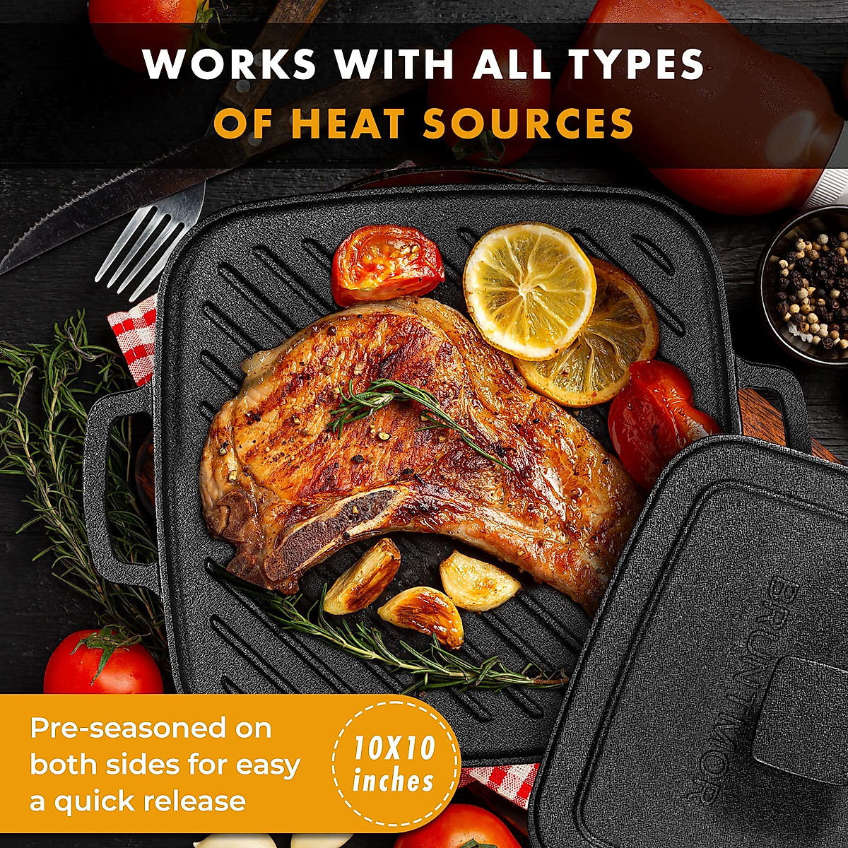 Bruntmor 2-in-1 Pre-Seasoned Cast Iron Reversible Griddle Grill Pan with Heavy Grill Press - 10 x 10 Inches Square Pan for Stove Top and Oven Cooking - Durable Grip Handle for Easy Use - Black