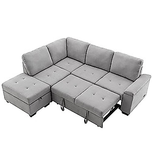 Merax, L-Shape Corner Couch Sofa-Bed with Storage Ottoman & Hidden Arm Storage & USB Charge for Living Room Apartment, Light Gray