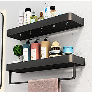 Fippkargo Bathroom Shelf with Towel Bar, Wall Mounted Shower Storage Organizer Holder Rack, Floating Shelf for Bathroom,Kitchen,Toilet 15.7" (Black)