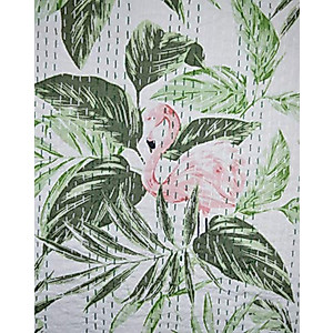 SHIRANYA Cotton Kantha Quilt Bedspread Queen Indian Handmade Flamingo and Leaf Print Throw Blanket Reversible Traditional Patchwork Stitched Bedding Comforter Decorative (90x108 Inch/220x274 cm)