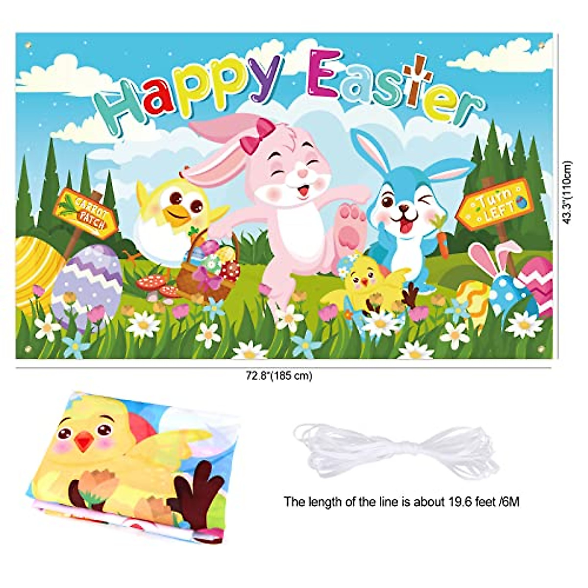 HOWAF Large Fabric Easter Party Decorations, Happy Easter Egg Bunny Hunt Banner and Chick Sign Easter Hunt Game Banner Poster for Photo Booth Backdrop with Rope for Spring Easter Party Supplies