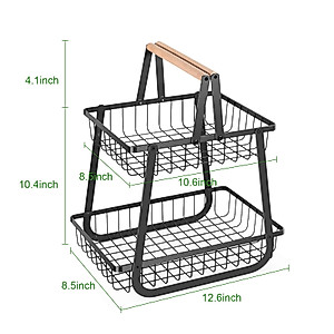 TBMax 2 Tier Fruit Basket for Kitchen Countertop Metal Wire Fruit Bowl with Wooden Handle for Produce Storage Rack, Snack Organizer, Bread Baskets, Vegetable Stand -Black