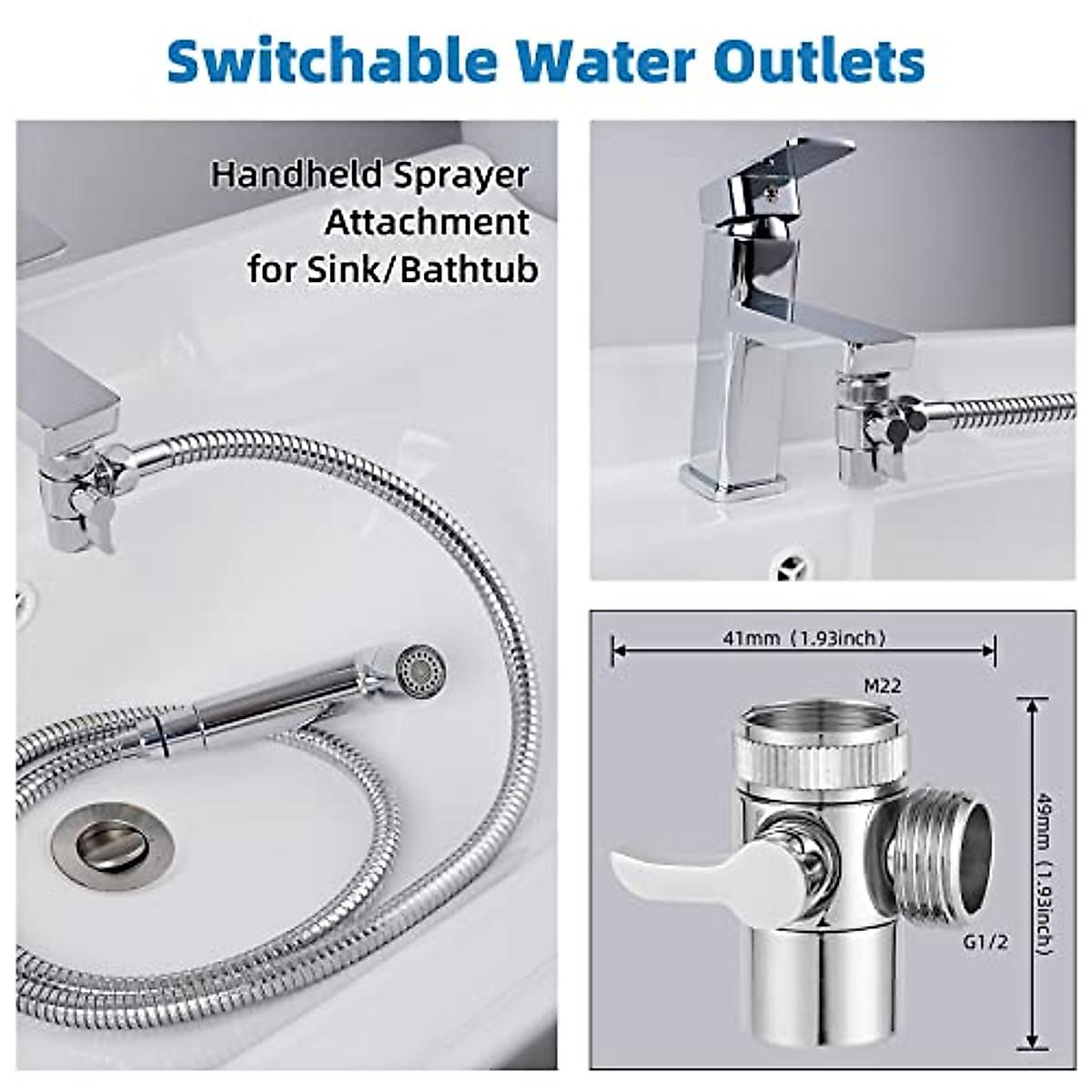 Sink Faucet Hose Sprayer Attachment, Handheld Bidet Toilet Sprayer, 8 Adapters, Dual Function Faucet Sprayer Rinser, Bathroom Shower Head, Baby Cloth Diaper for Feminine Hygiene, Bathing Pets, Chrome