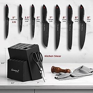 Emojoy 15Pcs Kitchen Knife Set with Block and Built-in Sharpener, Stainless Steel Knife Block Set, Dishwasher Safe, Black
