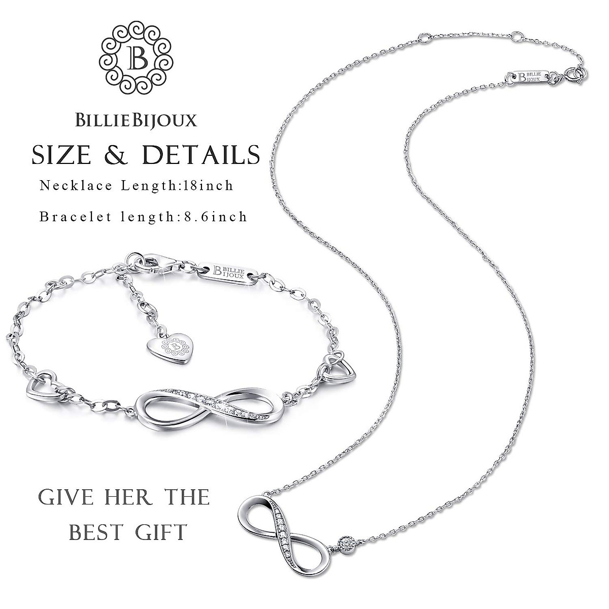Billie Bijoux 925 Sterling Silver Necklace Bracelet One Sets Forever Love” Infinity Heart Love Jewelry Sets White Gold Plated Diamond Women Necklace