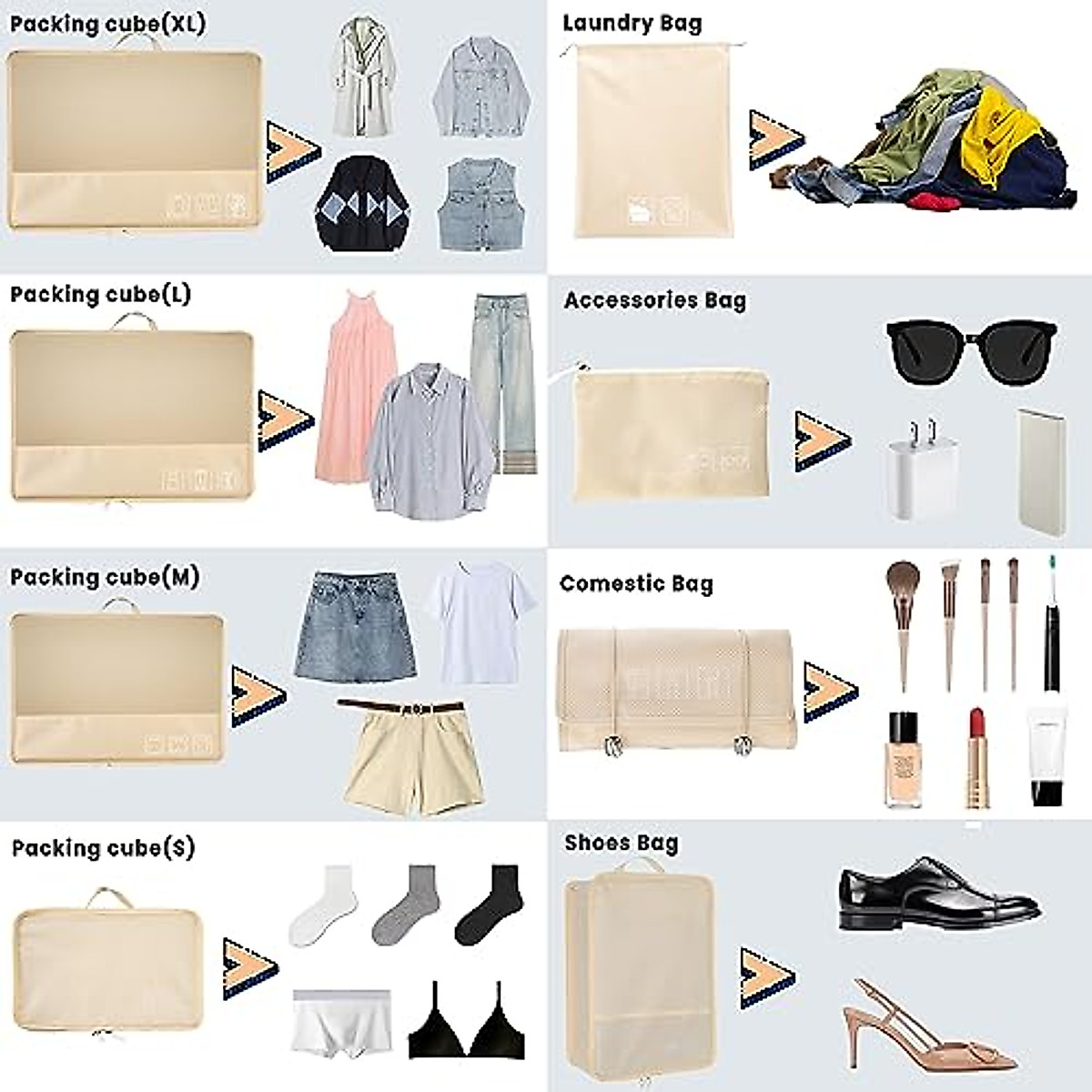 Packing Cubes for Suitcases, JARWEEN Suitcase Organizer Bags 8 Set, Luggage Organizer Bags for Travel Accessories,Carry-on Bag Storage for Trip (Beige)