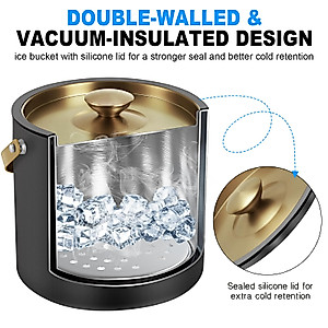 3.2L Modern Insulated Ice Bucket with Silicone Lid, Tongs, Strainer, Double Wall Stainless Steel Ice Bucket for Parties & Cocktail Bar,Ideal for Gift