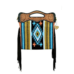 Affilare Saddle Blanket and Leather Crossbody Shoulder Bag with Fringes and Leather Hand Tooled Strap and Leather Hand tooled Panels 20AB010