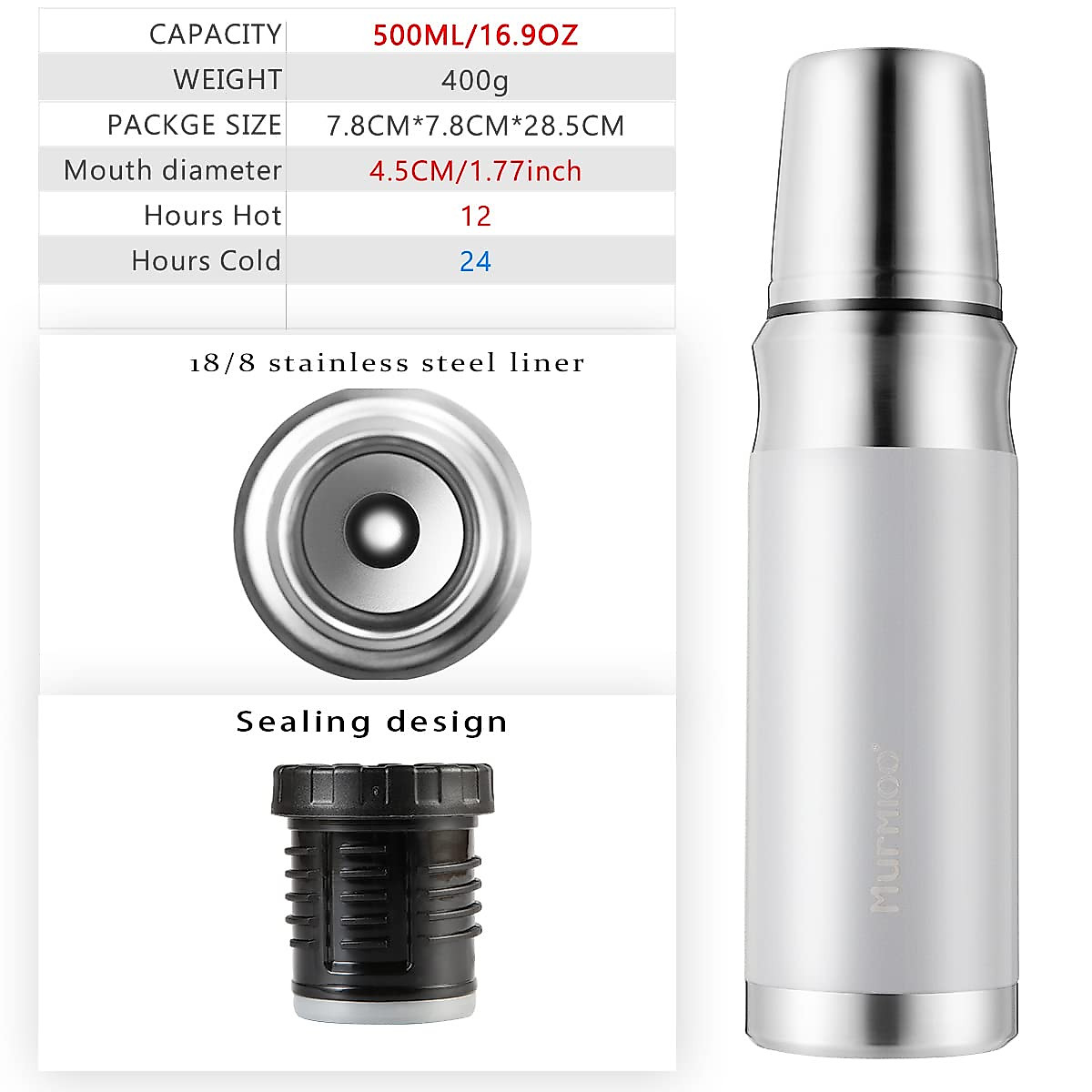 Murmioo travel vacuum flask，stainless steel insulated bottle, built-in cap cup, cold for 24 hours, heat for 12 hours, BPA Free leak proof, sweat free 17oz/500ml Gray