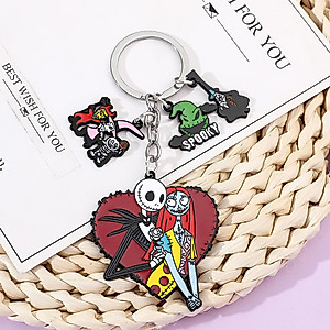 rongji jewelry Jack and Sally Charms Keychain, Horror Movie Nightmare Characters Keychain Scary Halloween Christmas Gift for Men Women Girls (Love heart)