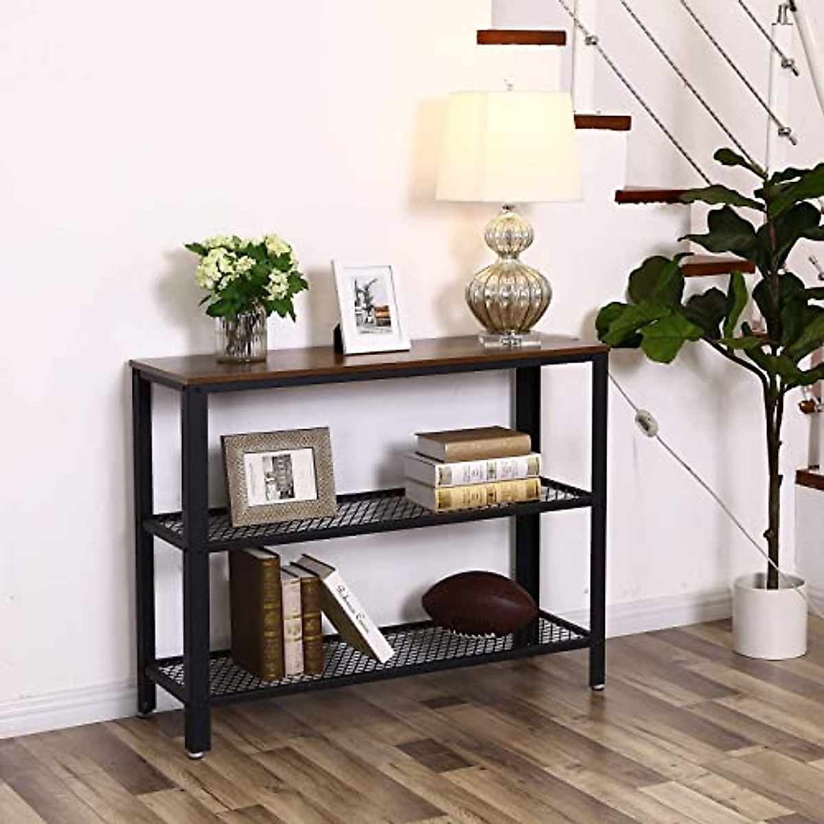 VASAGLE 40" Industrial Console Table, 3 Tier Entryway Table with Storage Shelf, Narrow Sofa Table for Living Room, Hallway, Entrance Hall, Corridor, Bedroom, Rustic Brown and Black ULNT81BX