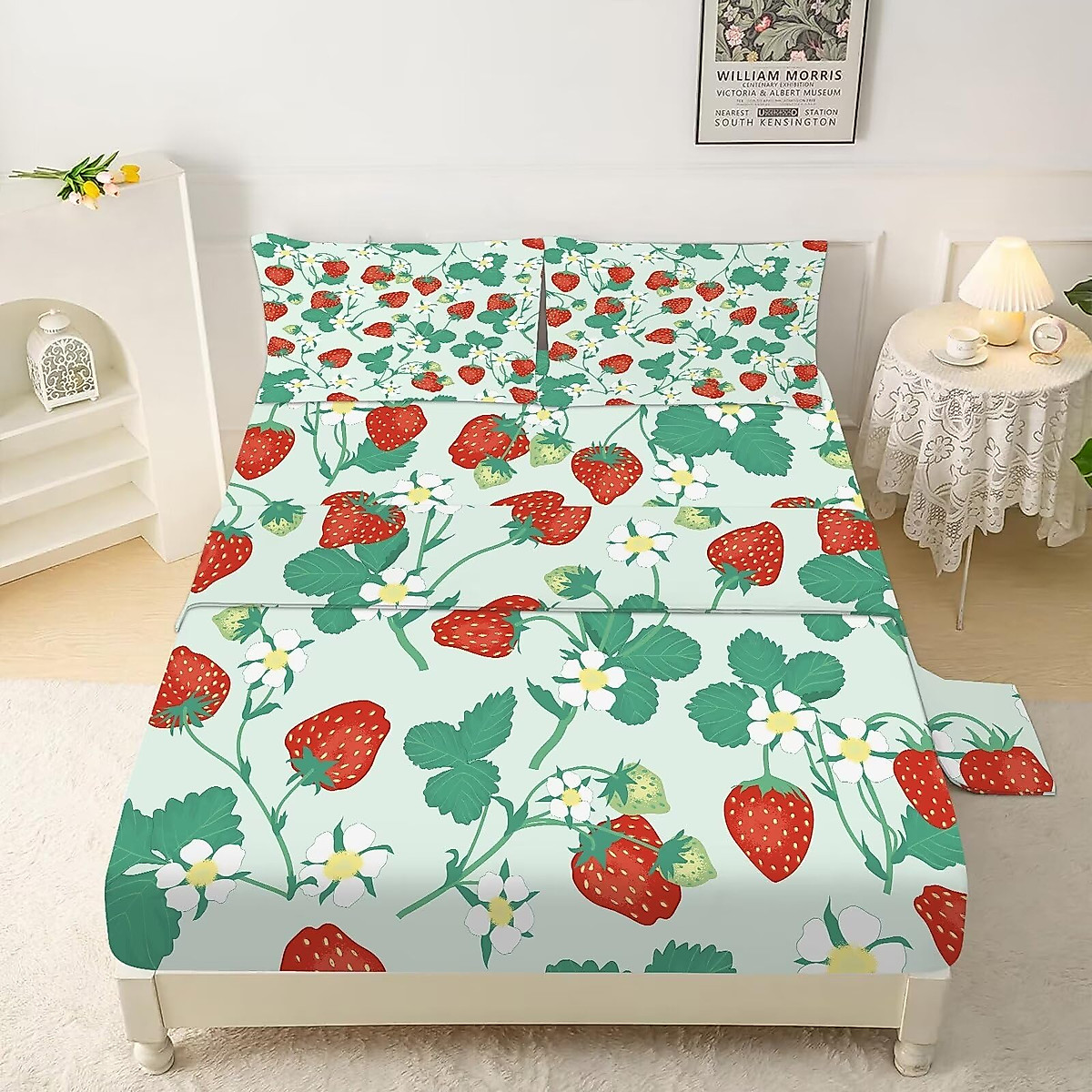 Girls Strawberry Sheets Set Queen Size 4 Pcs Cute Cartoon Fruit Green Kawaii Bedding Set for Kids Teens Bed 1 Fitted Sheet with 1 Flat & 2 Pillowcases