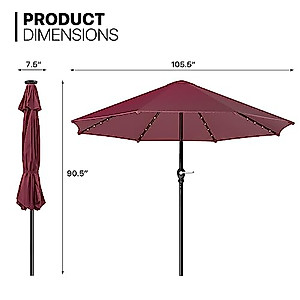 MoNiBloom 9 ft Patio Umbrellas Solar LED Lighted Patio Market Crank Lift Water-proof Umbrella with 8 Ribs and Sturdy Pole for Yard Garden Poolside Patio, Burgundy