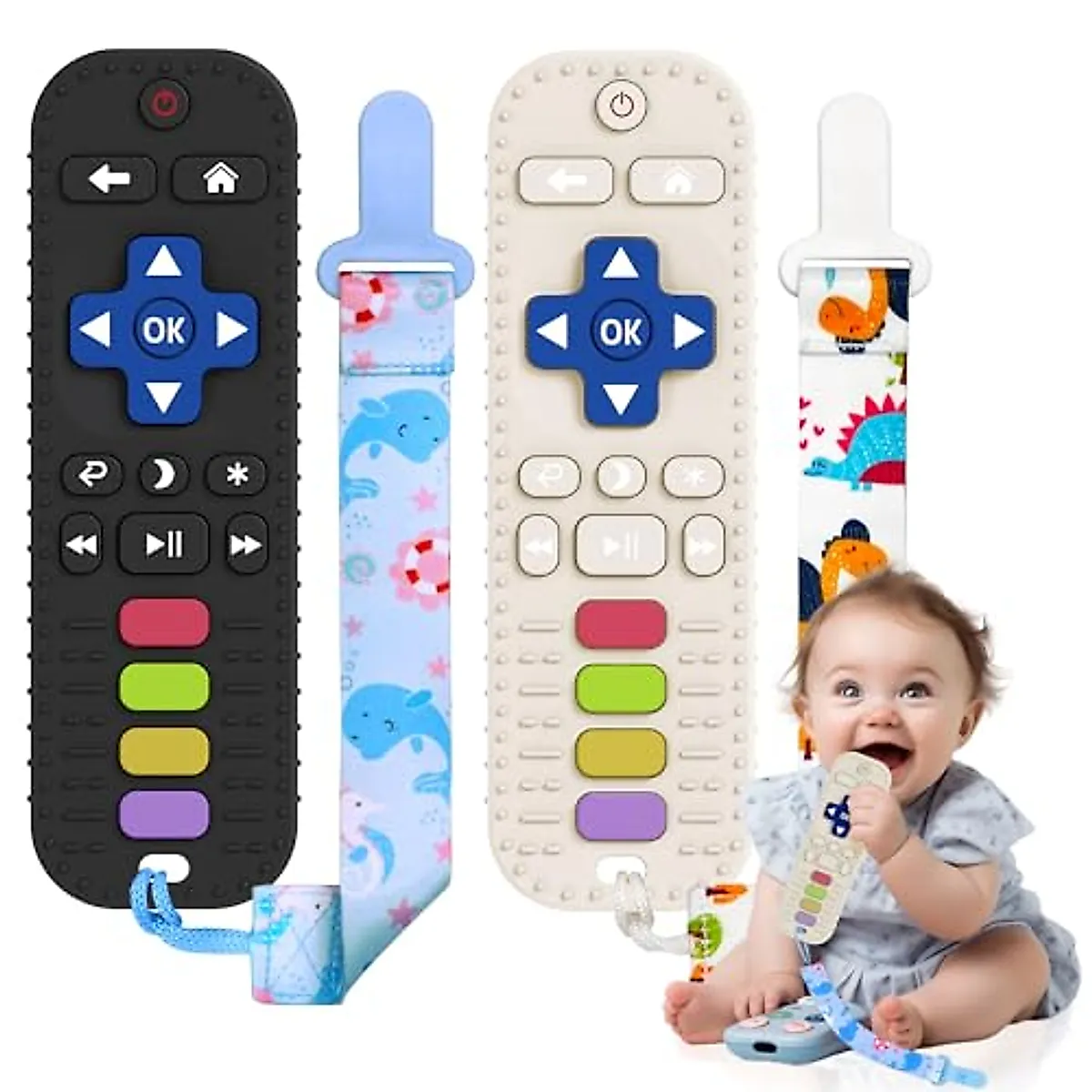 2 Pack Silicone Baby Teething Toys,Pacifiers for Toddlers Infant,Remote Control Shape Baby Teething Toys for Babies 6-12&12-18&18-24 Months,Remote Teether for Baby Chew Toys,Black+White