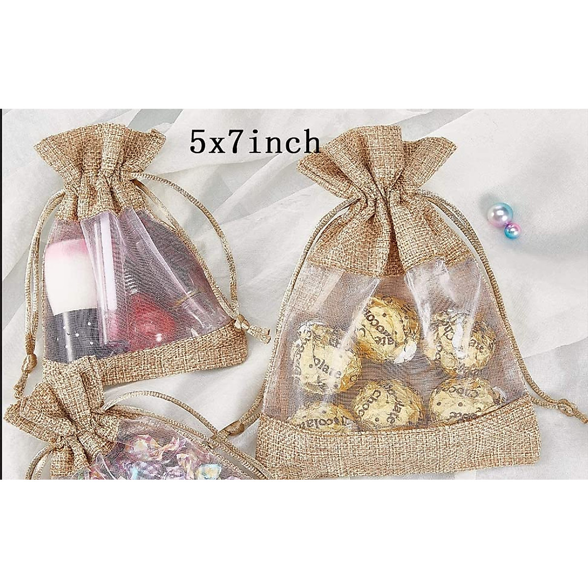 XMSound 50 Pack 5x7 Inch Linen Burlap Sheer Bag Organza Bag Burlap Bags Gift Bags with Drawstring, for Wedding Party Favors Cosmetic Samples Mesh Pouch DIY Craft