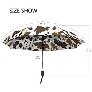 Vdsrup Cowhide Cow Print Auto Umbrella Open Close Brown Animals Print Anti UV Umbrella Compact Windproof Parasol Umbrellas for Travel Car School Sun Rain