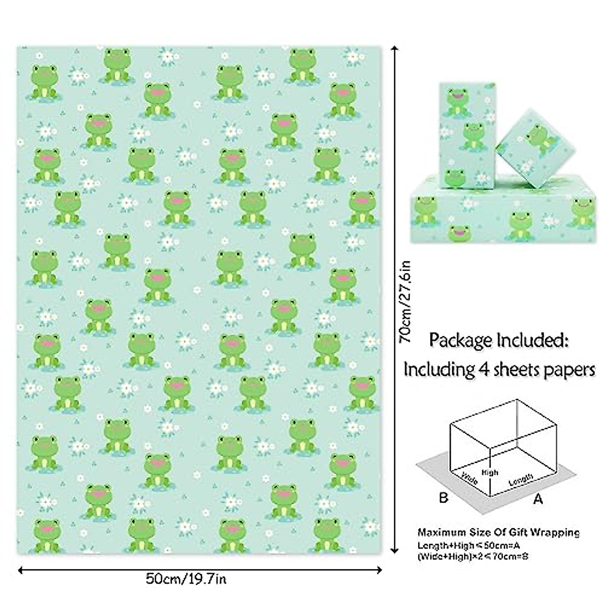 Winterworm Cute Frog Wrapping Paper,Green Birthday Gift Wrapping Paper for Girls Boys,4 Folded Sheets Lotus Leaf Flower Kraft Gift Wrapping Paper for Christmas Baby Shower Kids Gift Wrap,28 * 20 Inch