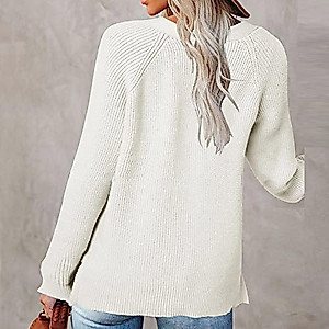 Womens Ribbed Knit Sweaters Long Sleeve Button Down V Neck Pullover Tops Casual Loose Plain Jumper Fall Winter White