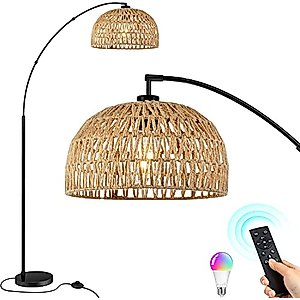 QIYIZM ARC Floor Lamp Rattan for Living Room Bedroom with Remote RGB Color Colorful Dimmable Standing Lamp Wicker Boho Arched Floor Light Modern Farmhouse Industria Black Rustic Tall Floor Lamps