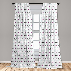 Ambesonne Eyelash Window Curtains, Winking Eyes and Pink Hearts Romantic Pattern Cartoon Childish, Lightweight Decorative Panels Set of 2 with Rod Pocket, 56" x 95", Blue Fuchsia