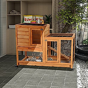 Arlopu Rabbit Hutch on Wheels Rabbit Cage Indoor Bunny Hutch with Run, Wooden Rabbit House with 2 No Leak Trays, 4 Casters, No-Slip Ramp, 2 Lockable Door (Golden red)