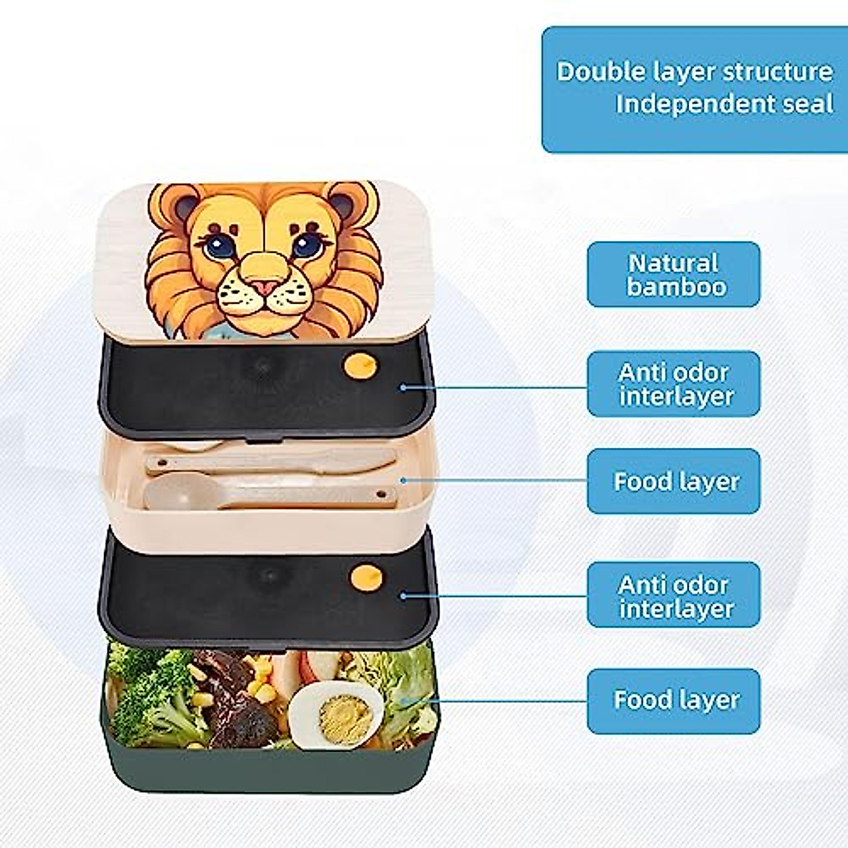 Cartoon Cute Little Lion Adult Lunch Box, Bento Box, With Cutlery Set Of 3, 2 Compartments, Rectangular, Lunch Box For Adults