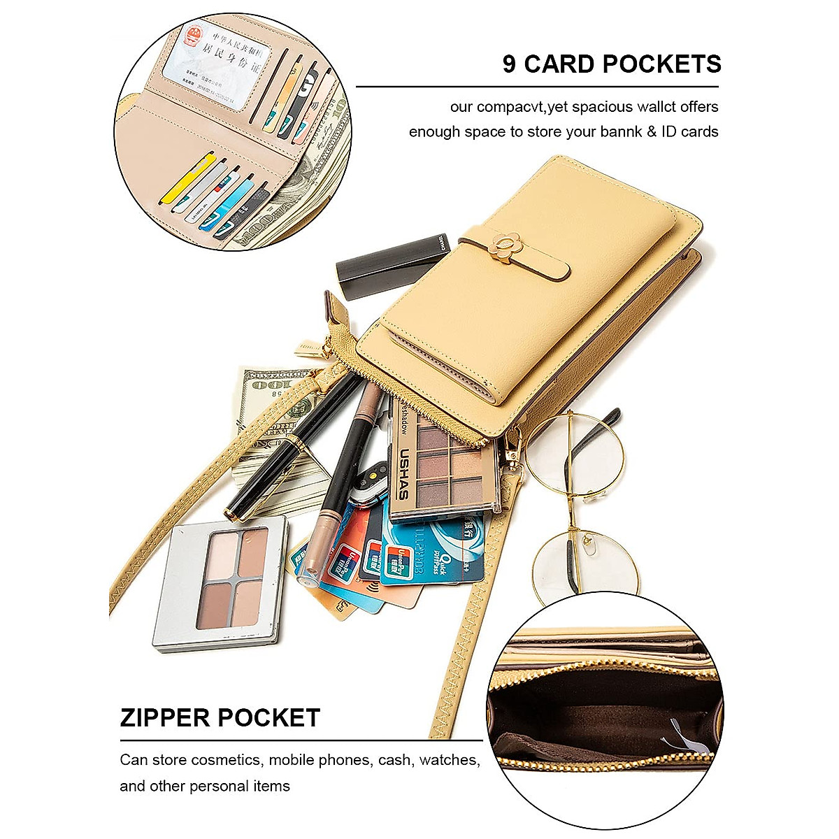 VEVESMUNDO Touchscreen Purse Wallet Zipper Holder Bag with Clear Touch Screen Phone Window (Black)