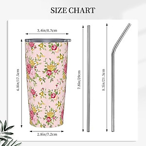 Yaxongx 20oz Tumbler Rose Flower Double Wall Vacuum Insulated Coffee Mug with Lid and Metal Straw Brush Reusable Stainless Steel Water Bottle Travel Cup Gifts for Car Ice Drinks Hot Beverage