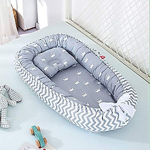 Vohunt Baby Lounger for Newborn,100% Cotton Co-Sleeper for Baby in Bed with Handles,Soft Newborn Lounger Adjustable Size & Strong Zipper Lengthen Space to 3 Tears Old(Wave Gray Crown)