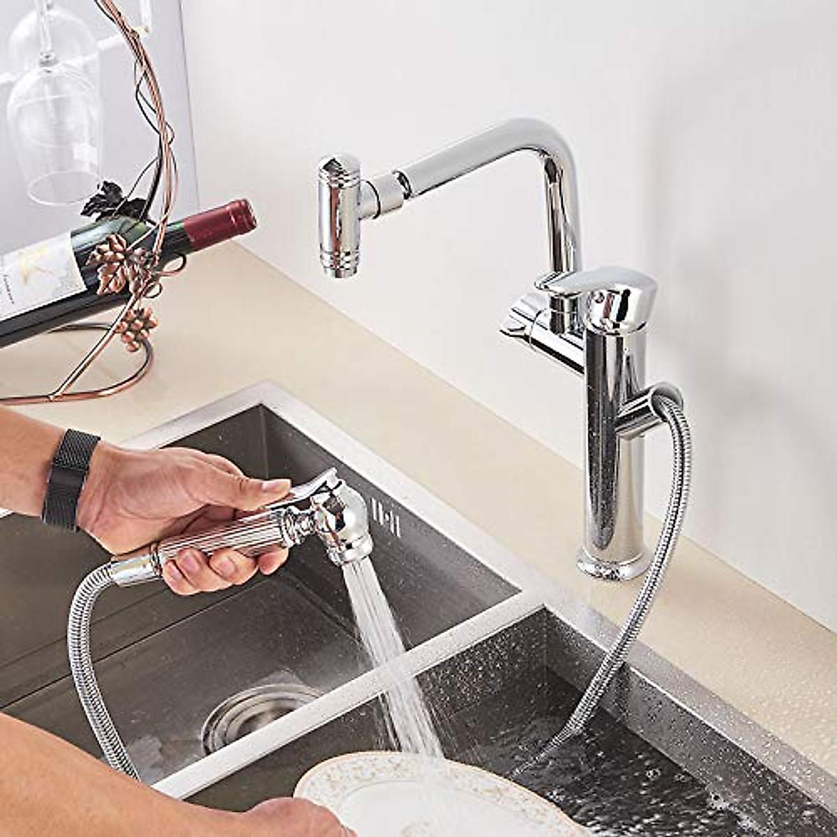 OMOONS Kitchen Taps Chrome Short or Tall Hot Cold Mixer Kitchen Facuets with Spray Gun, 360 Degree Rotation Modern Design Deck Mount Water Mixer Tap Kitchen Faucet/Chrome B