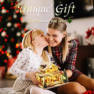 DIY Miniature Dollhouse Kit, 3D Wooden Puzzle Christmas Tiny House Model Kit with Music Box LED Light Dust Proof Cover, 3D Wooden Puzzle for Adults Couple, Handmade Crafts Home Decor Gift (Snow Villa)