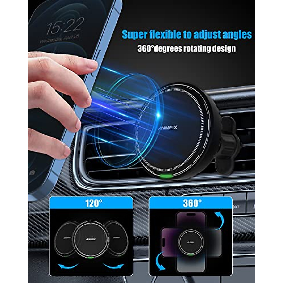 Magnetic Wireless Car Charger Mount，[Ice Cooling Charging] Anmeix 15W Fast Charging Magnet Car Phone Holder,Air Vent Mount Compatible with iPhone 15/14/13/12 Series Phones and Magnetic Cases, Black