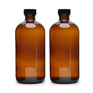 (2 Pack) - 16 oz Amber Glass Boston Round Bottles with Black 28-400 Airtight Phenolic Polycone Caps - Perfect Glass Containers for Secondary Fermentation, Storing condiment, Homemade Essential Oils