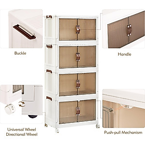 VECELO 20 Gal Stackable Storage Bins with Lid, 4 Pack Plastic Collapsible Storage Cabinet, Foldable Folding Box Organizer/Storage Container Cart with Wheel and Door for Home Office, White