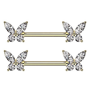14GA 316L Stainless Steel CZ Crystal Butterfly Ends Nipple Barbells, Sold as a Pair (Gold Tone)