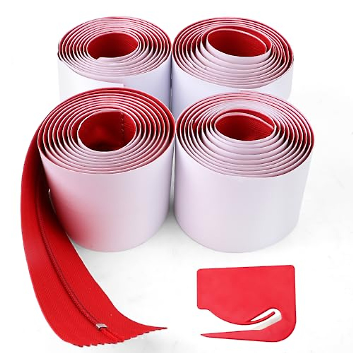 4pcs Dust Barrier Zipper, 7ft x 3in Self-Adhesive Tarp Double Zipper Instant Door Dust Protection with Plastic Sheeting Cutter Construction Plastic Zip Wall Accessories (Red)