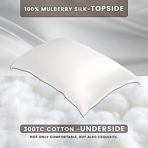 THXSILK 100% Mulberry Silk Pillowcase with Cotton Underside, Silk Pillowcase for Hair and Skin, Standard Size Grade 6A+ Mulberry Silk, Soft Breathable Pillow Cover with Zipper, 1 Pack (White,Standard)
