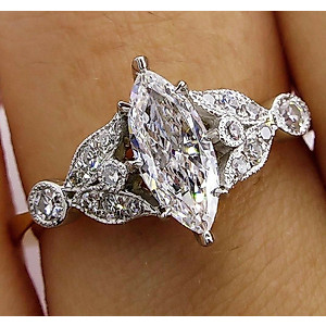 BeBold 3Ct Marquise Cut Moissanite Vintage Inspired Leaf Accent Engagement Ring for Women Sterling Silver Dual Rhodium Plated