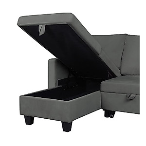 RITSU Reversible Velvet Sleeper Sectional Sofa with Storage Chaise and Side Pocket, L-Shape Corner Couch with Arms for Living Room, Home Furniture, Apartment, Dorm, Dark Gray 3