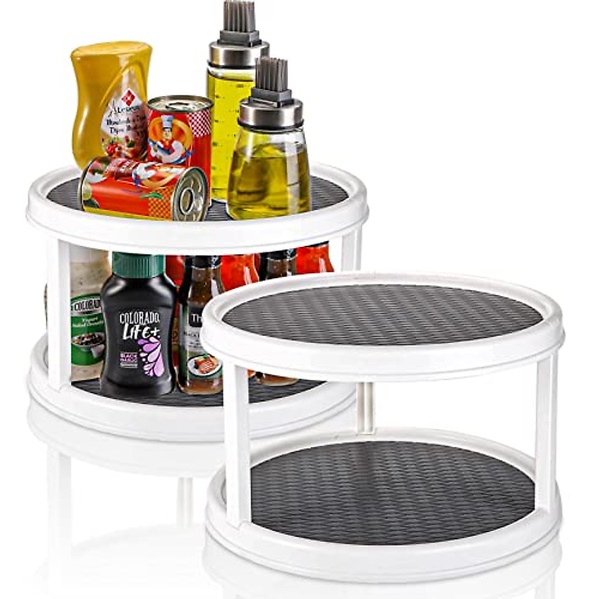 Yesland 2 Pcs 2-Tier Lazy Susan Turntable, 12 Inches Non-Skid Tiered Rotating Kitchen Spice Organizer for Cabinets Pantry Bathroom Countertop Refrigerator(Gray and White)