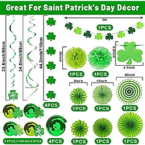 Whaline St.Patrick's Day party Decoration,St Patricks Hanging Paper Fans Honeycomb Ball, Foil String Hanging Swirls, Felt Clover Banner, Lucky Irish Green Shamrock Foil Strings, for Irish Party Decor