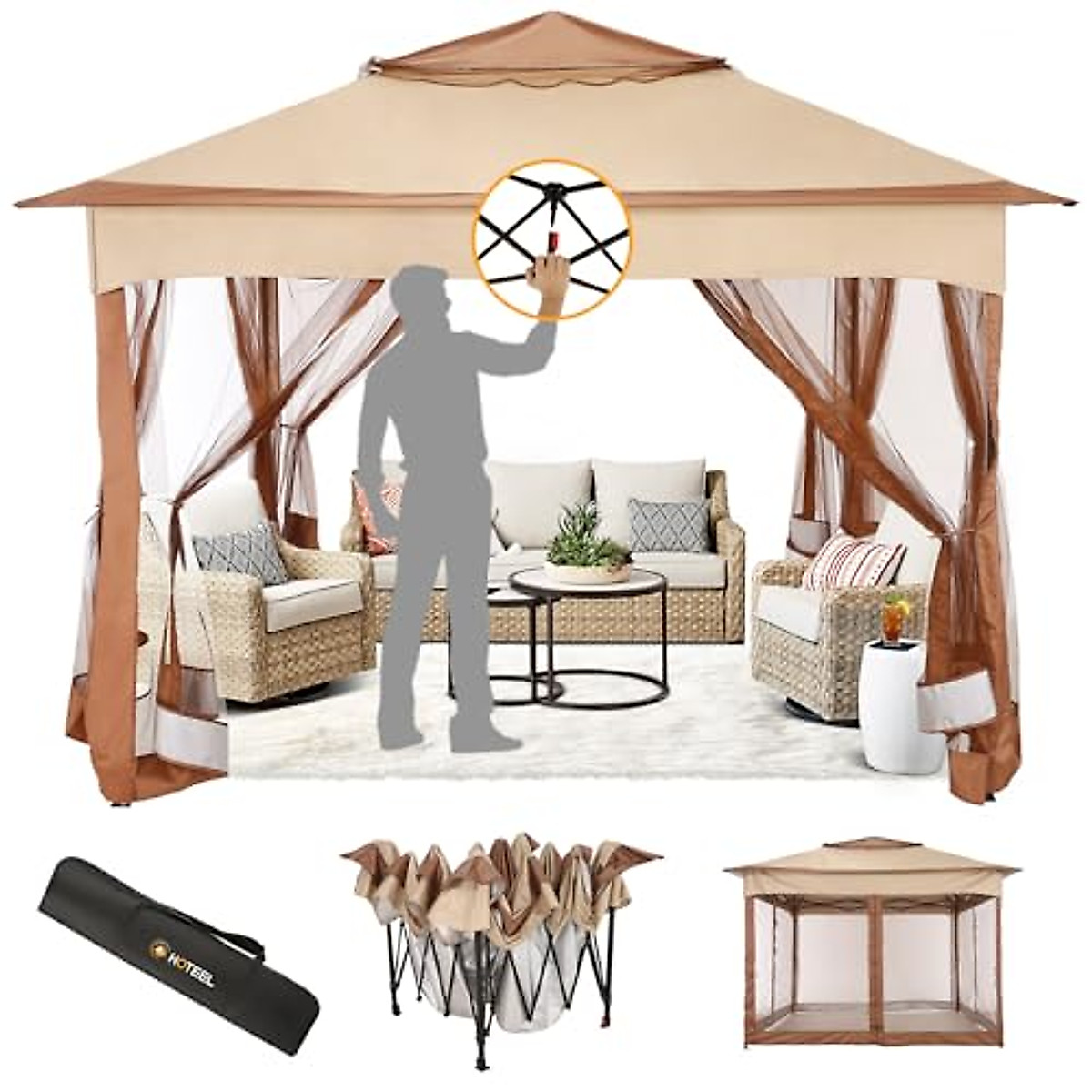 COBIZI 11x11 Pop Up Gazebo Canopy Tent Easy Up Outdoor Gazebo Waterproof Upgrade Portable Gazebo with Mosquito Nettings, Double Vented Roof and Carry Bag for Patio Garden Lawn(Khaki)
